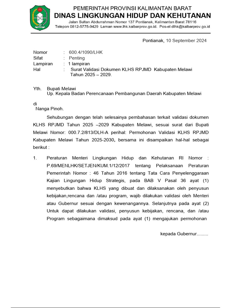 Surat Validasi KLHS RPJMD Kab Melawi | PDF