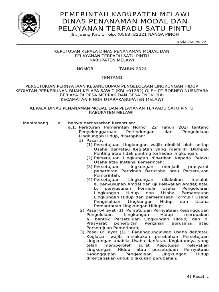 Minot SK Bupati Tentang PKPLH PT BNB | PDF