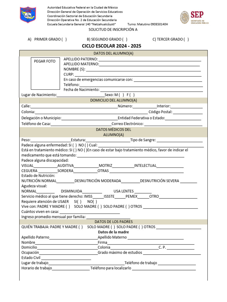 SOLICITUD DE INSCRIPCIÓN 2024-2025 | PDF