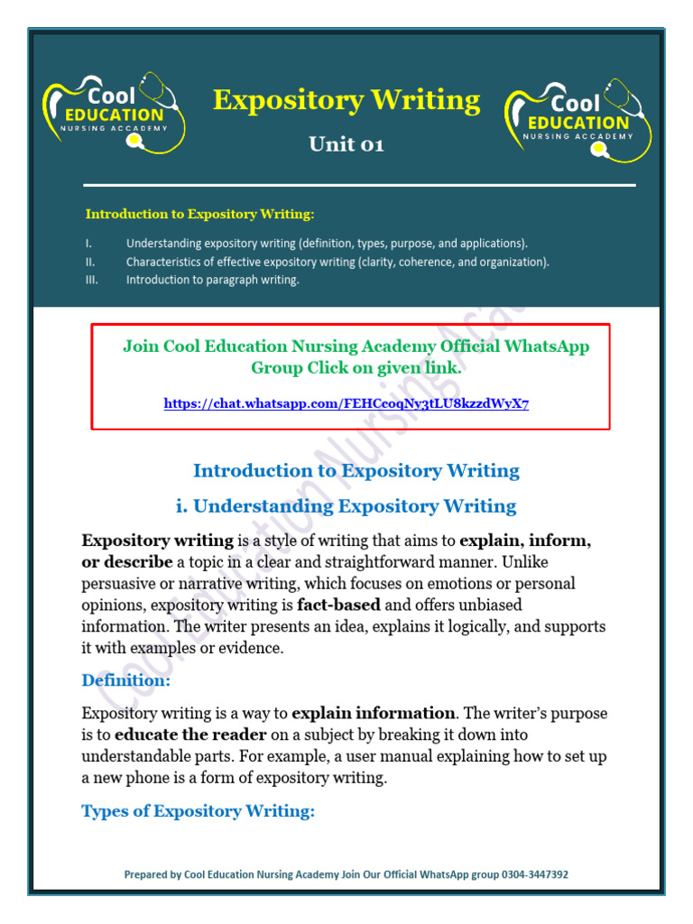 Expository Writing Unit 01 by Cool Education Nursing Academy | PDF