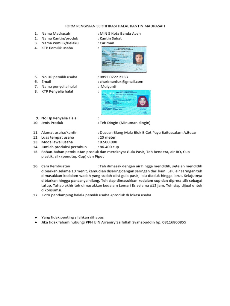 Form Pengisian Sertifikasi Halal Kantin Madrasah | PDF