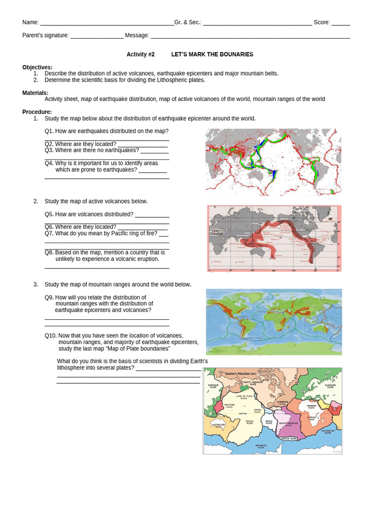 activity 2- distribution(earthquake, volcanoes, mountain belt | PDF