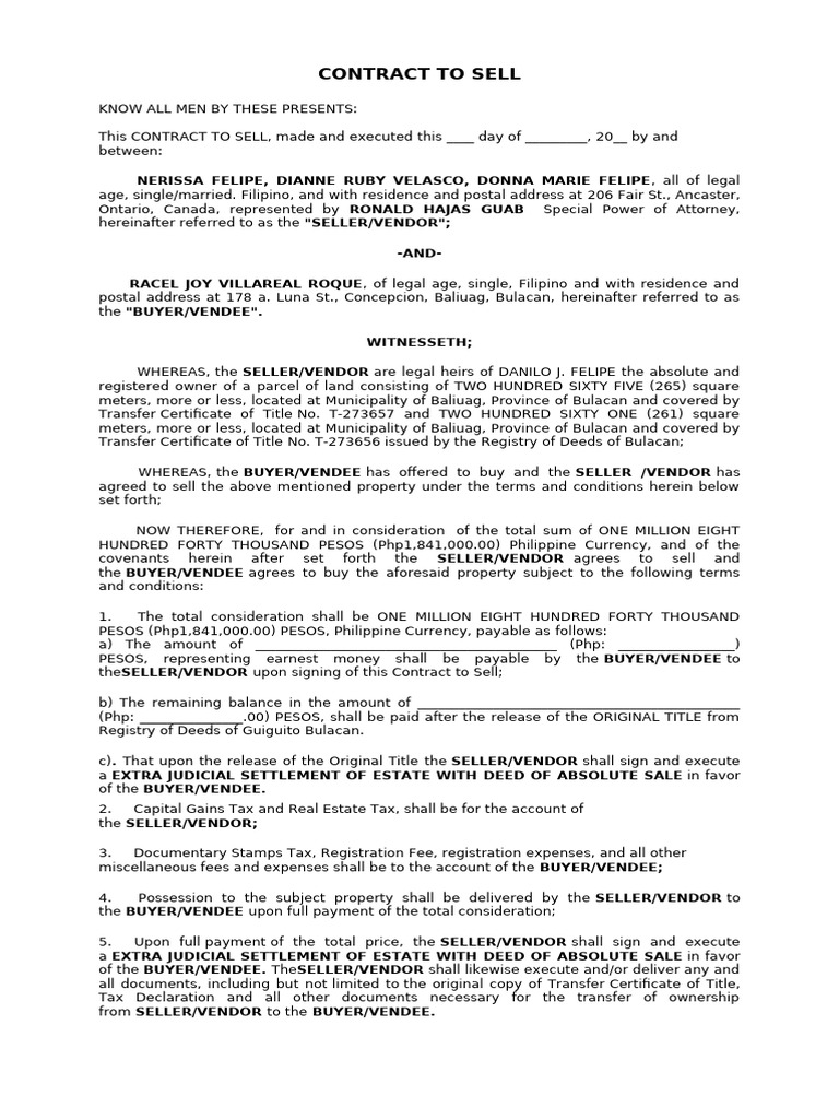 Contract To Sell Racel Joy v. Roque | PDF