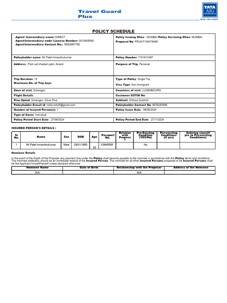 Patel Himanshukumar TRAVEL INSURANCE | PDF