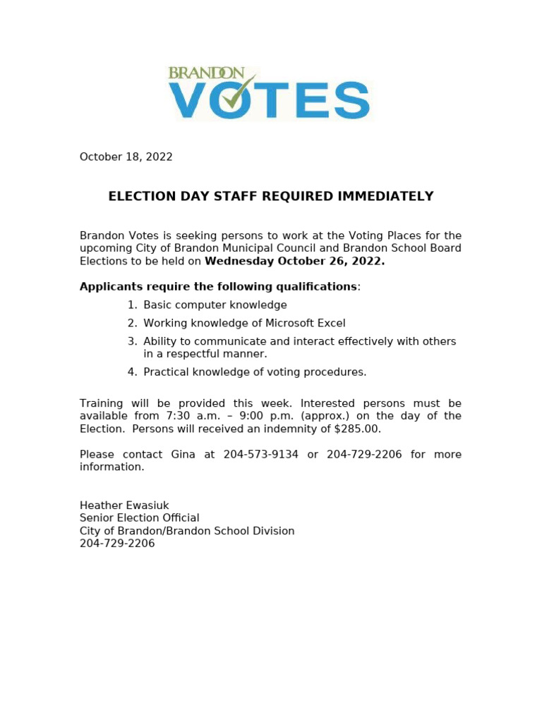 Election Workers Required 2022 - BU and ACC | PDF