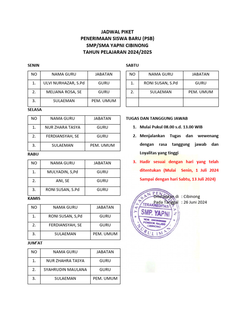 Jadwal Piket PSB 24 | PDF