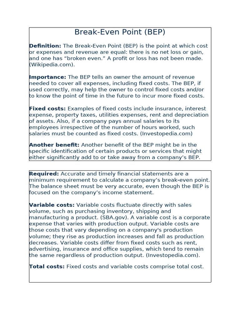 Break-Even Point (BEP) : Definition | PDF
