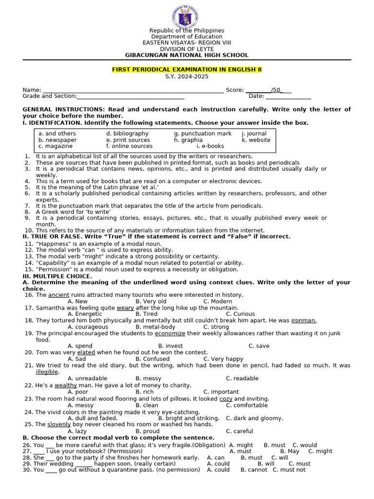 1st Grading ENG 8 EXAM | PDF