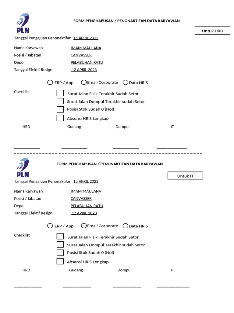 Form Penonaktifan Data Karyawan - PLN | PDF