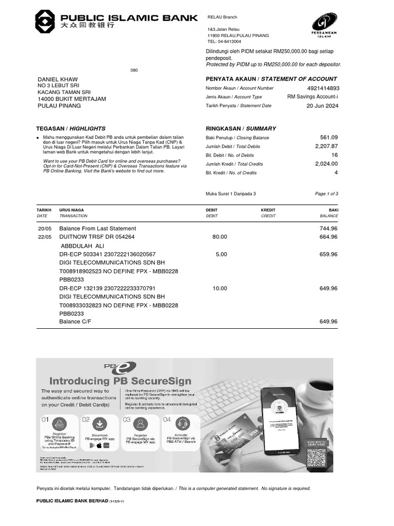 Daniel Khaw PB Bank Statement | PDF