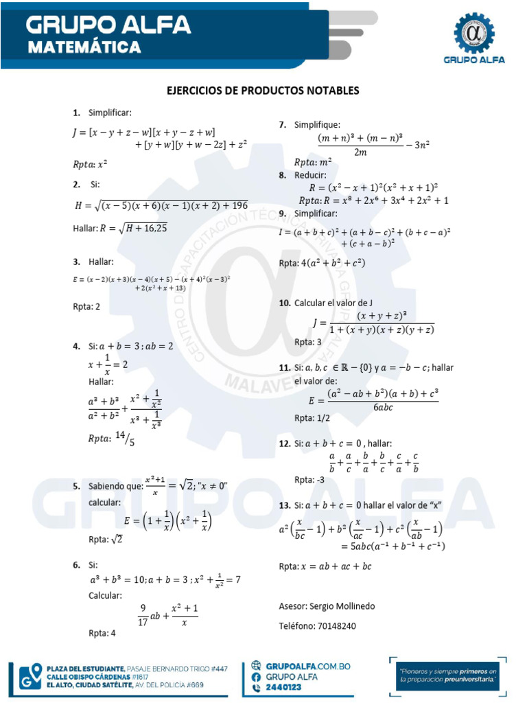 Ejercicios Prod. Notables 2da Parte | PDF