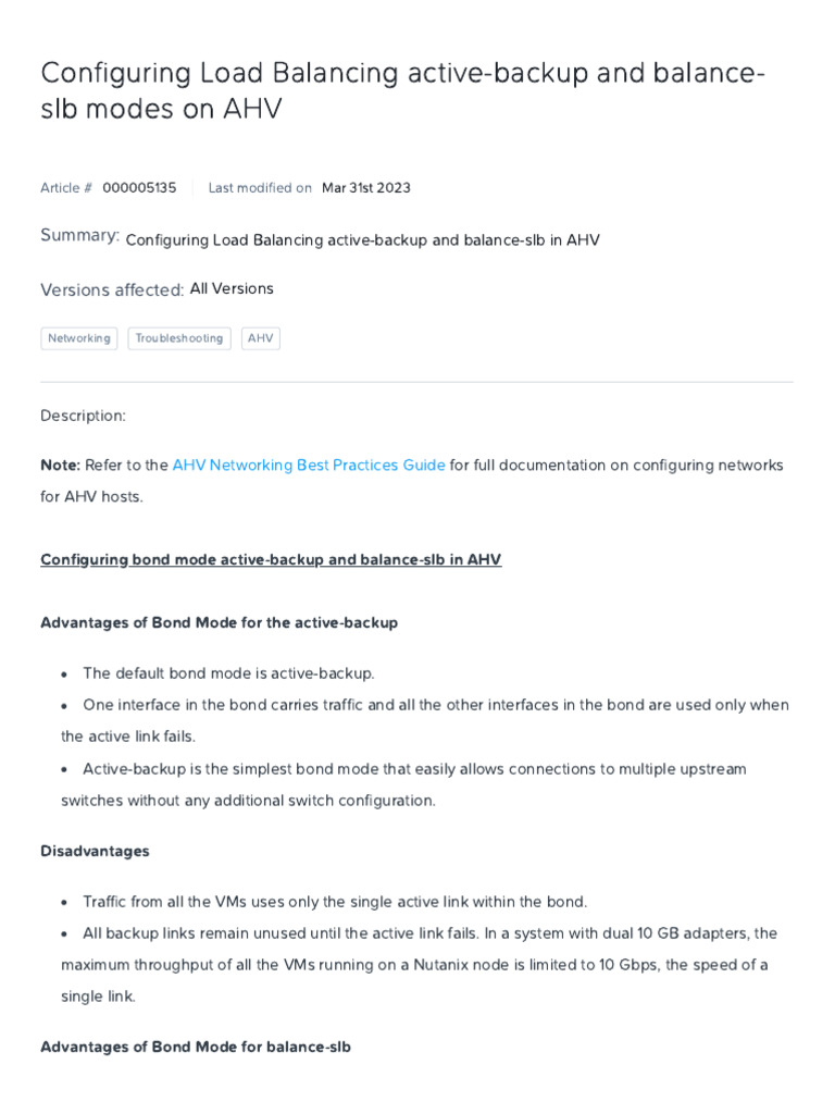 Configuring Load Balancing Active-Backup and Balance-Slb Modes On AHV | PDF