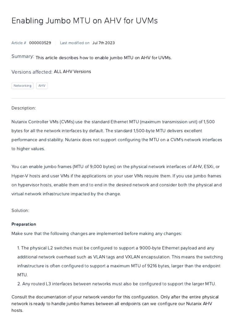 Enabling Jumbo MTU On AHV For UVMs | PDF
