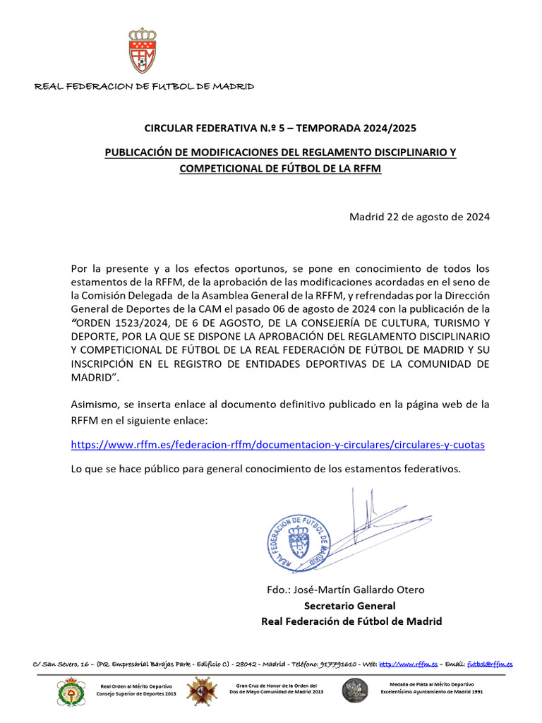 Circular N 5 Publicacion Modificacion Disciplinario y Competicional de Futbol Orden 1523 2024 de ...