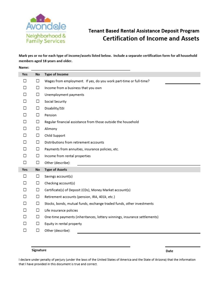 TBRA Certification of Income and Assets - Use This Form When Needed | PDF