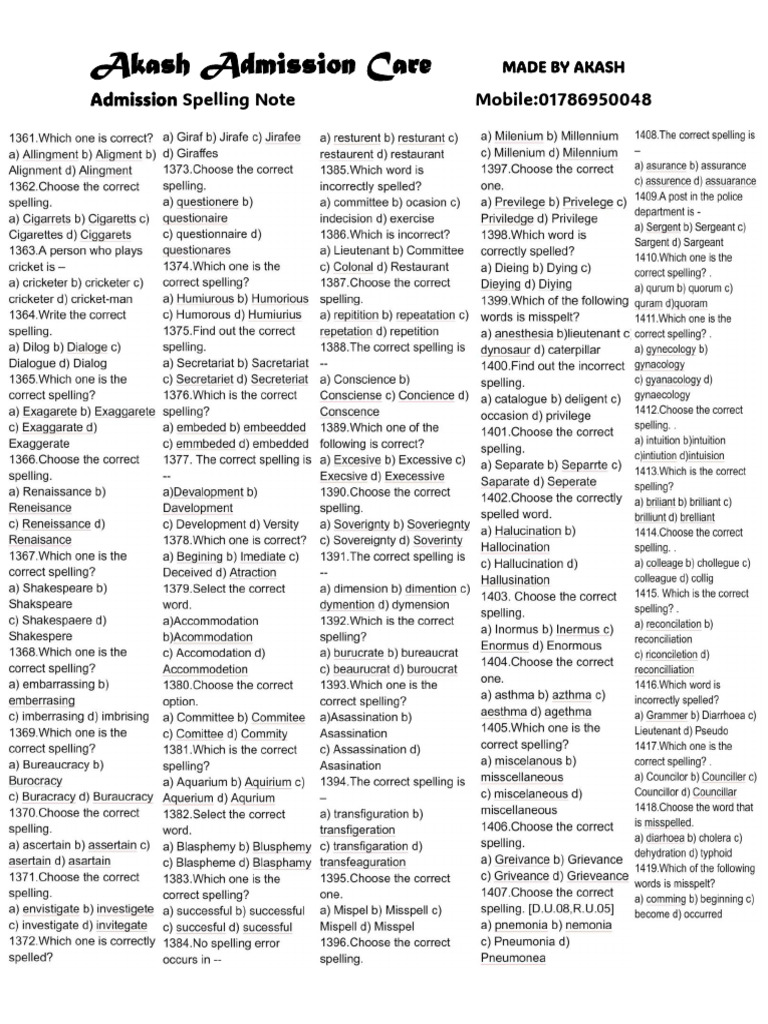 Admission Spelling Note | PDF