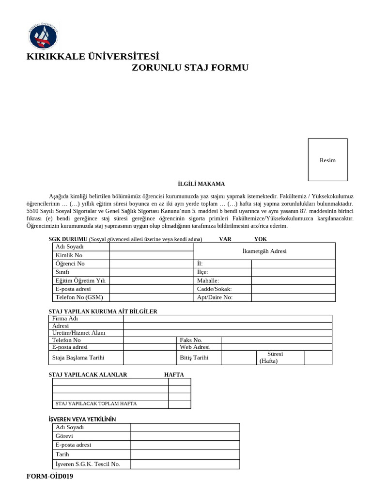 Form Oid019 Zorunlu Staj Formu | PDF