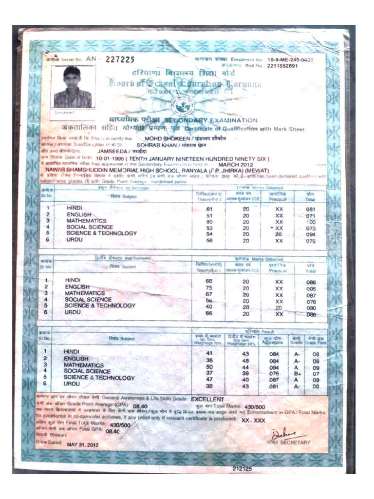 10th Marksheet | PDF