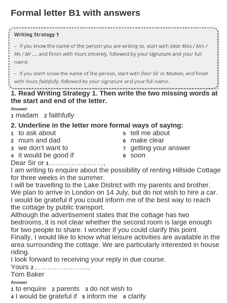 Formal Letter B1 With Answers | PDF