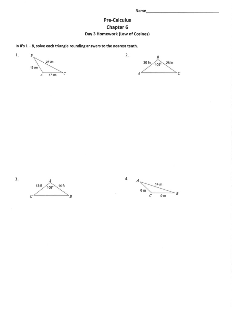 Day 3 Homework (Law of Cosines) | PDF