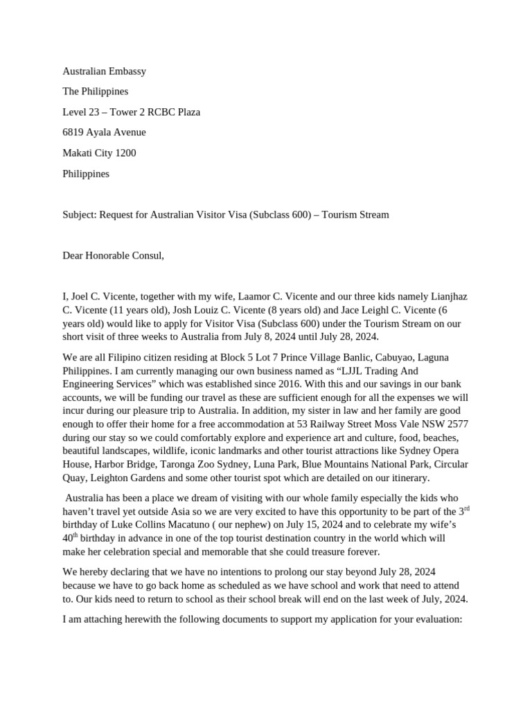 Australian Embassy Cover Letter | PDF | Travel Visa | Government And ...