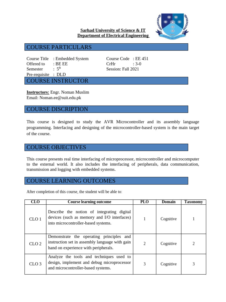 Embedded System (Course Outline) | PDF | Microcontroller | Embedded System