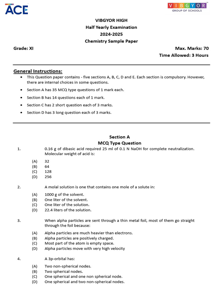Chemistry Sample Paper - XI | PDF