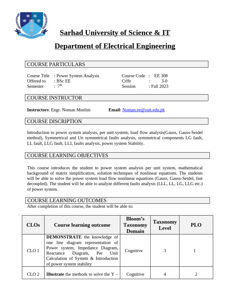 Course Outline PSA (Theory) | PDF | System | Electrical Engineering