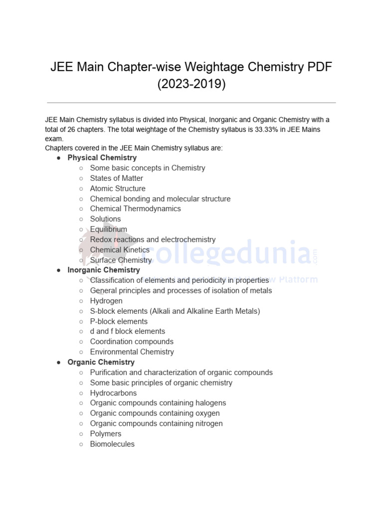 JEE Main Chapter Wise Weightage Chemistry 2023 2019 | PDF