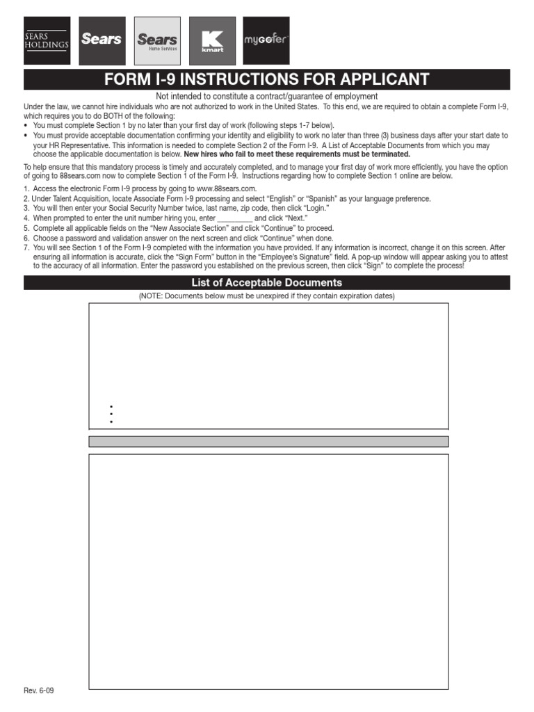 Sears I-9 Instructions For Applicant | PDF