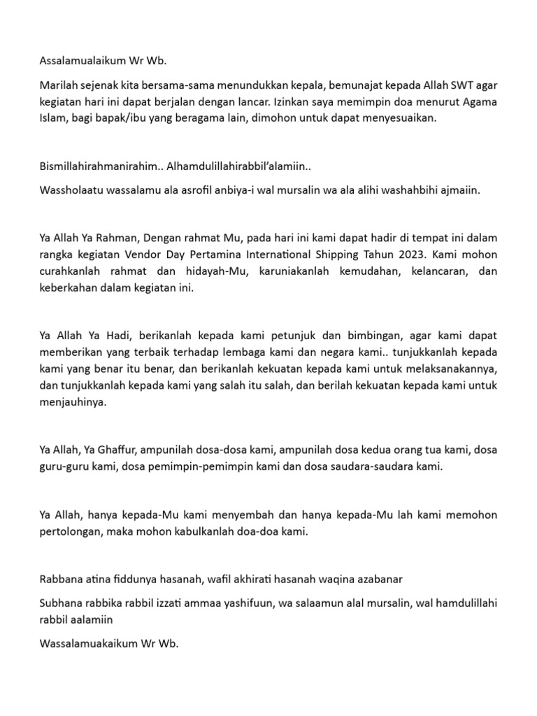 Teks Pembacaan Doa Vendor Day 2023 | PDF