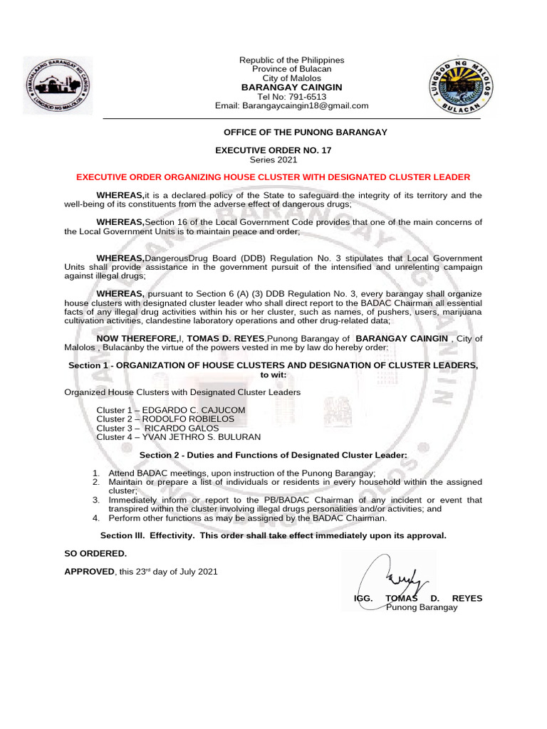 E.O 17organizing-House-Cluster-With-Designated-Cluster-Leader | PDF
