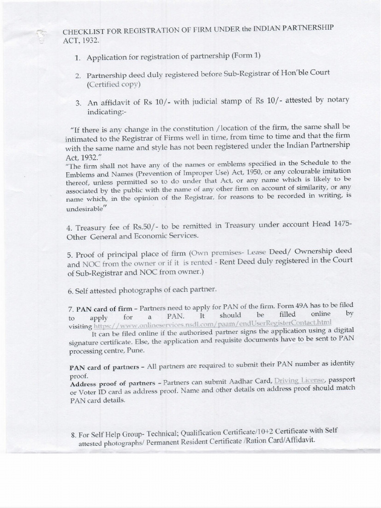 Checklist For Partnership Firm Registration | PDF