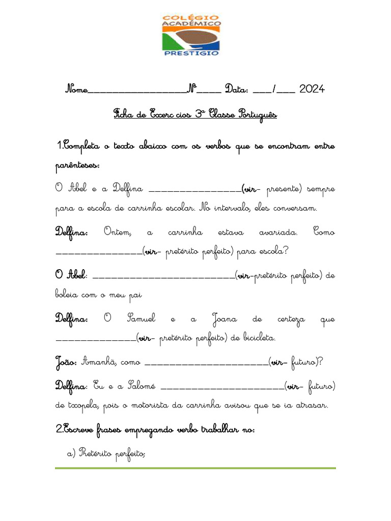 Exercicio 1-Portugues 3a Classe | PDF