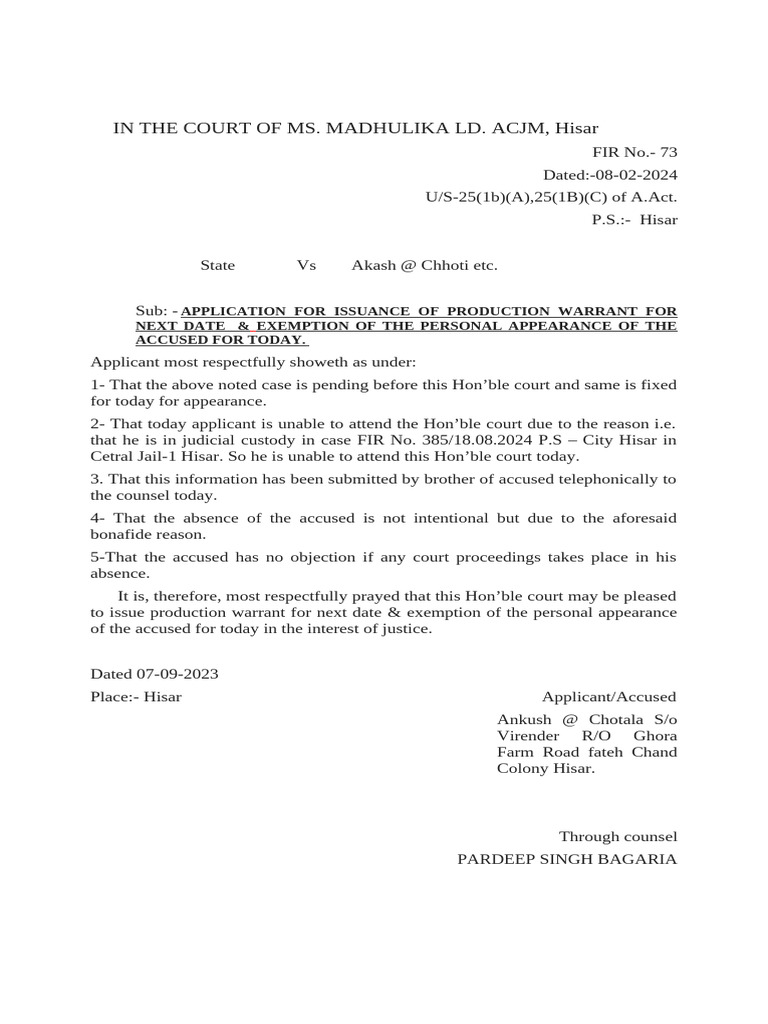 Production Warrant Application Hisar Court | PDF