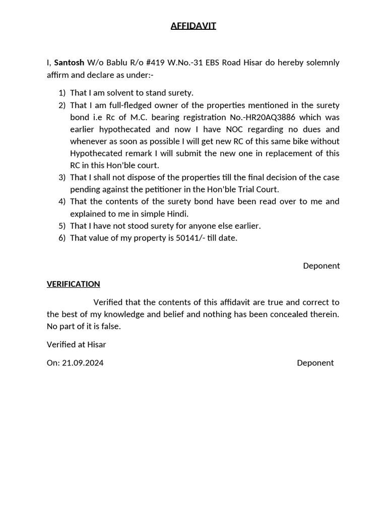 Surety Property AFFIDAVIT | PDF