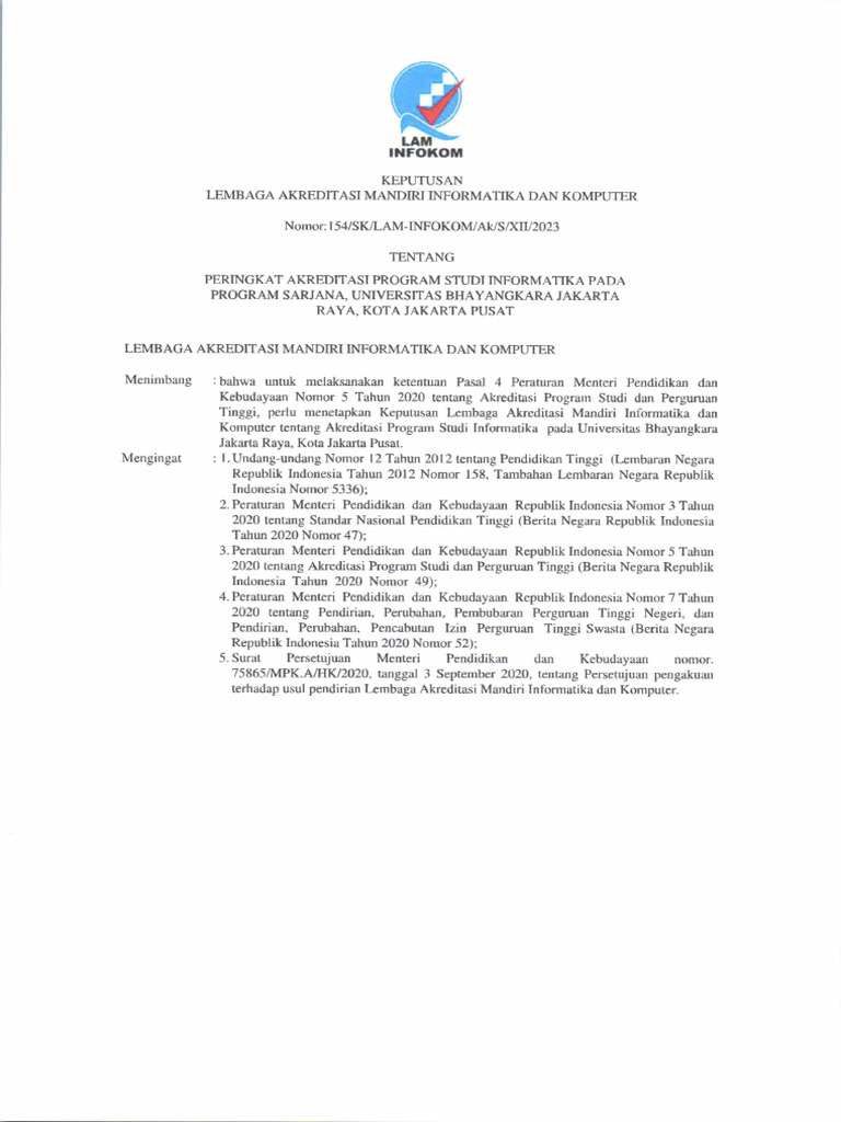 Akreditasi Prodi Informatika - Universitas Bhayangkara Jakarta Raya | PDF