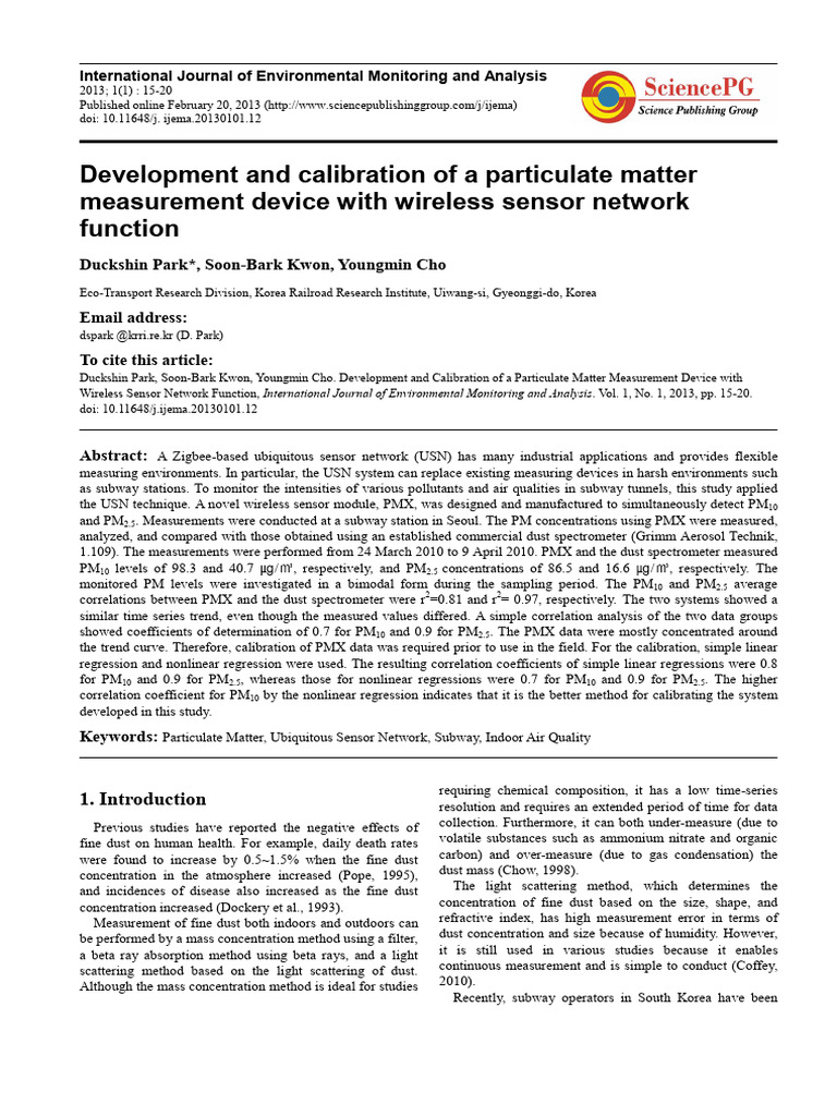 Development and Calibration of A Particulate Matter Measurement Device With Wireless Sensor ...