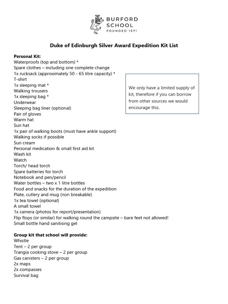 DofE Silver Award Kit List | PDF DofE Silver Award Kit List | PDF