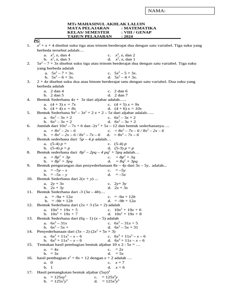 Soal MTS KLS 2 | PDF