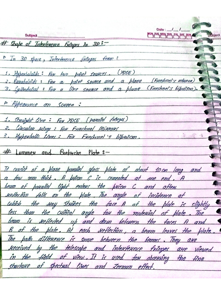 Shape of Fringes and Lummer Gehrcke Plate, Optics Notes | PDF