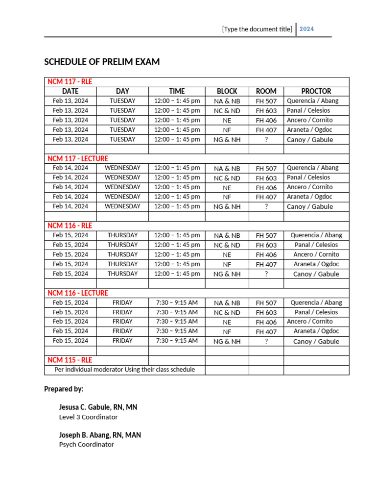 Schedule of Prelim Exam | PDF