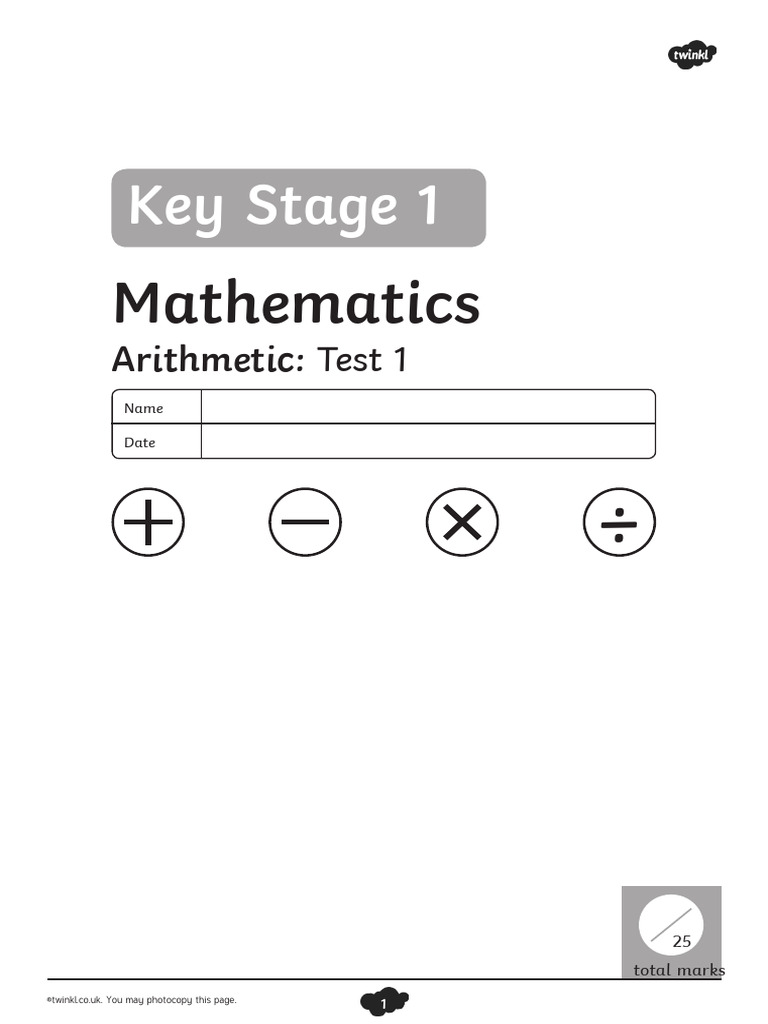 KS1 Arithmetic Full Test 1 | PDF