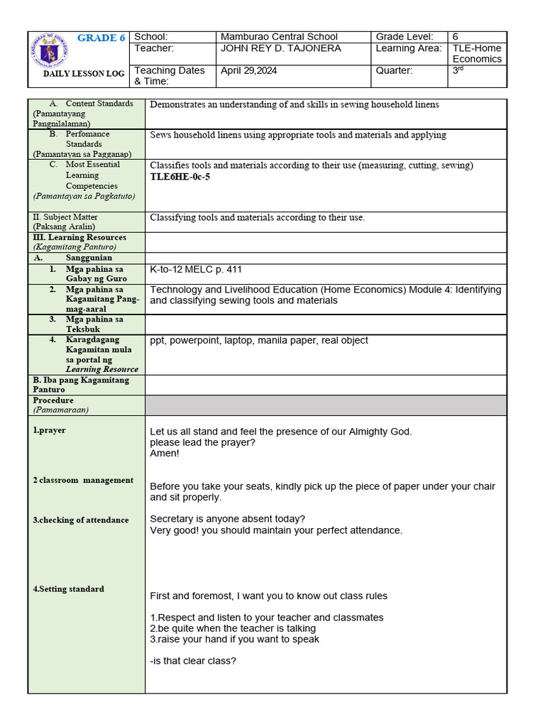 Grade 6 Sewing Project Plan | PDF | Sewing | Sewing Needle