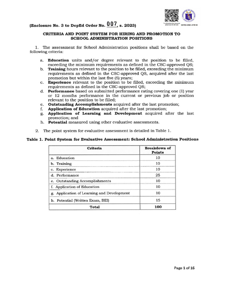 Enclosure No. 3 Criteria For School Administration | PDF