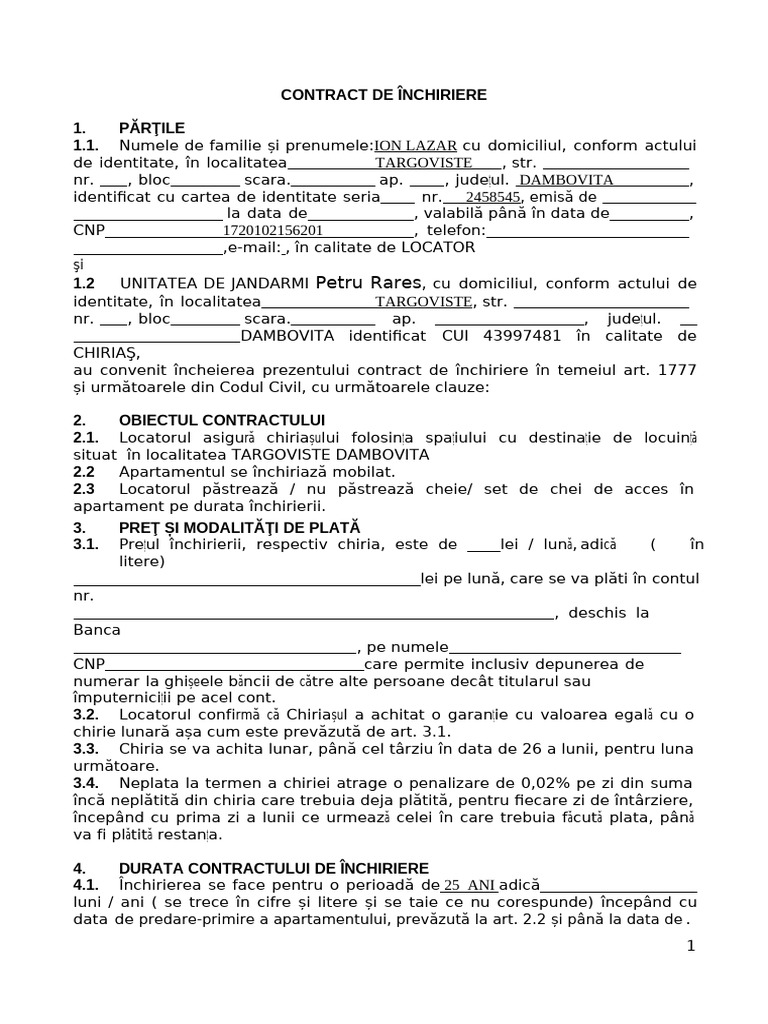 Contract INCHIRIERE | PDF