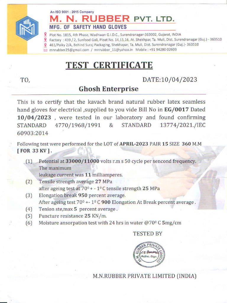 Hand Gloves Test Certificate | PDF