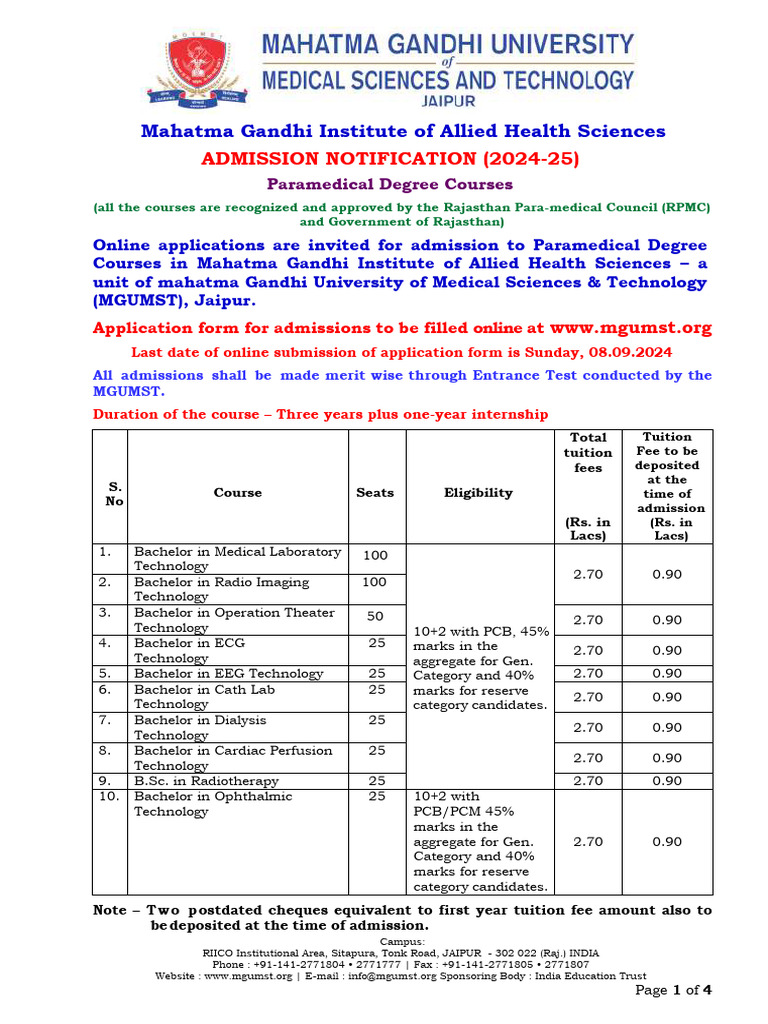 Admission Notification For Paramedical Degree Courses - 2024-25 | PDF