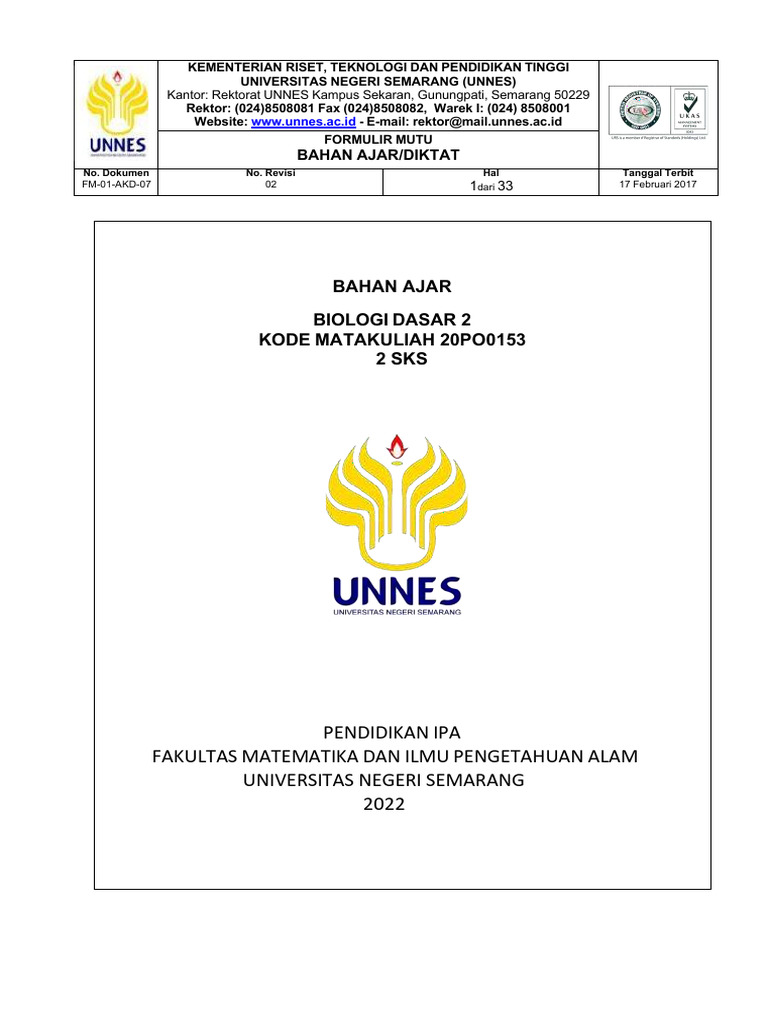 Bahan Ajar Biologi Dasar II BA BIODAS 2 (2022) | PDF
