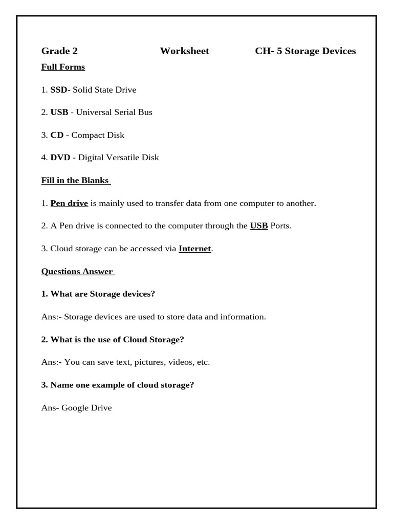 Storage Devices Worksheet 1 | PDF